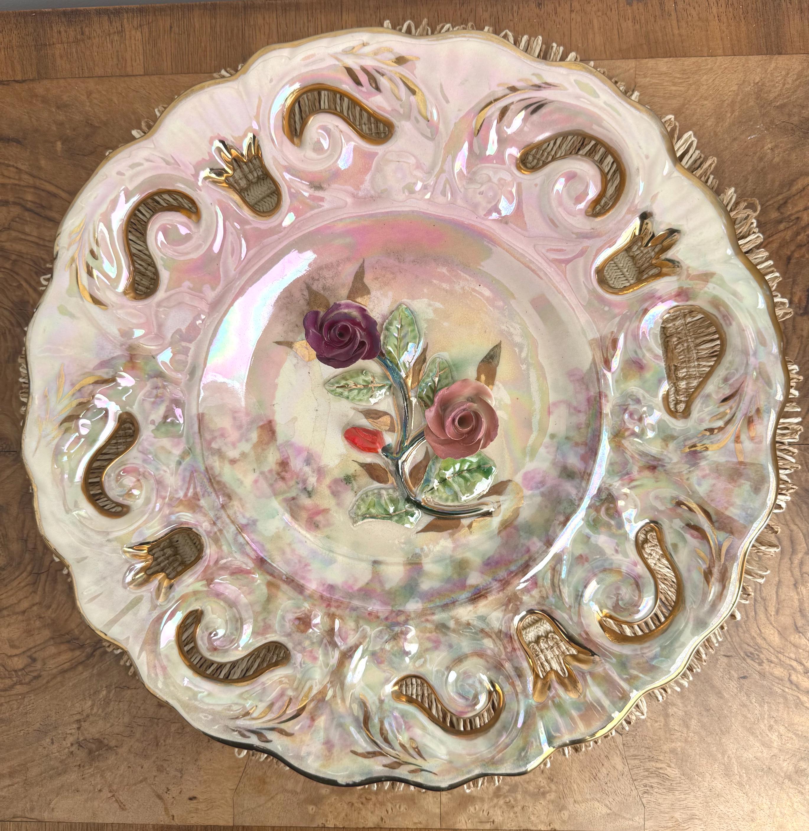 Mid Century Hubert Bequet Pink Floral Majolica Wall Plate, Belgian ...