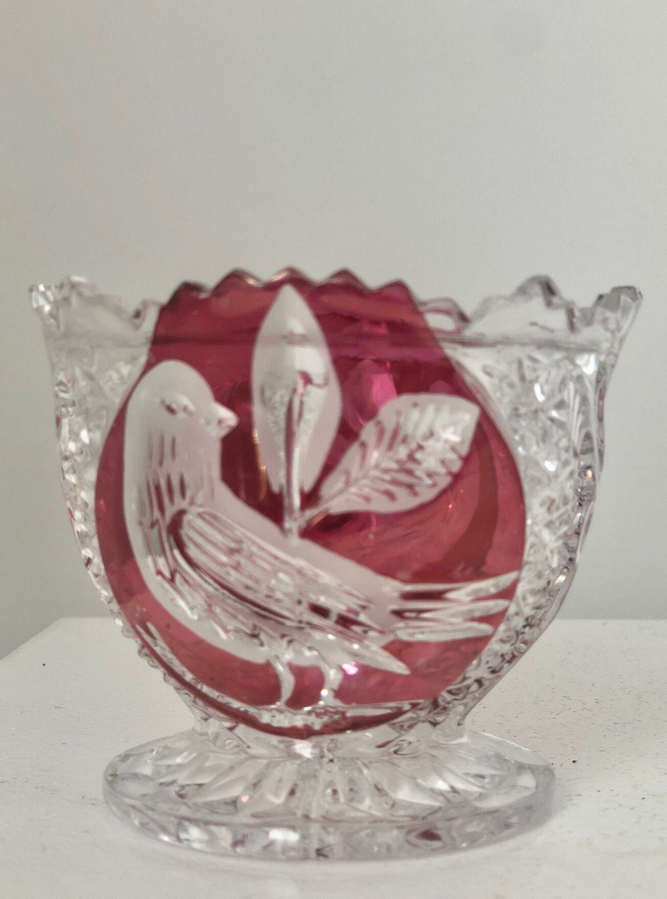 Vintage Ruby Red Small Crystal Glass Bowl, Etched Bird Footed Glass ...