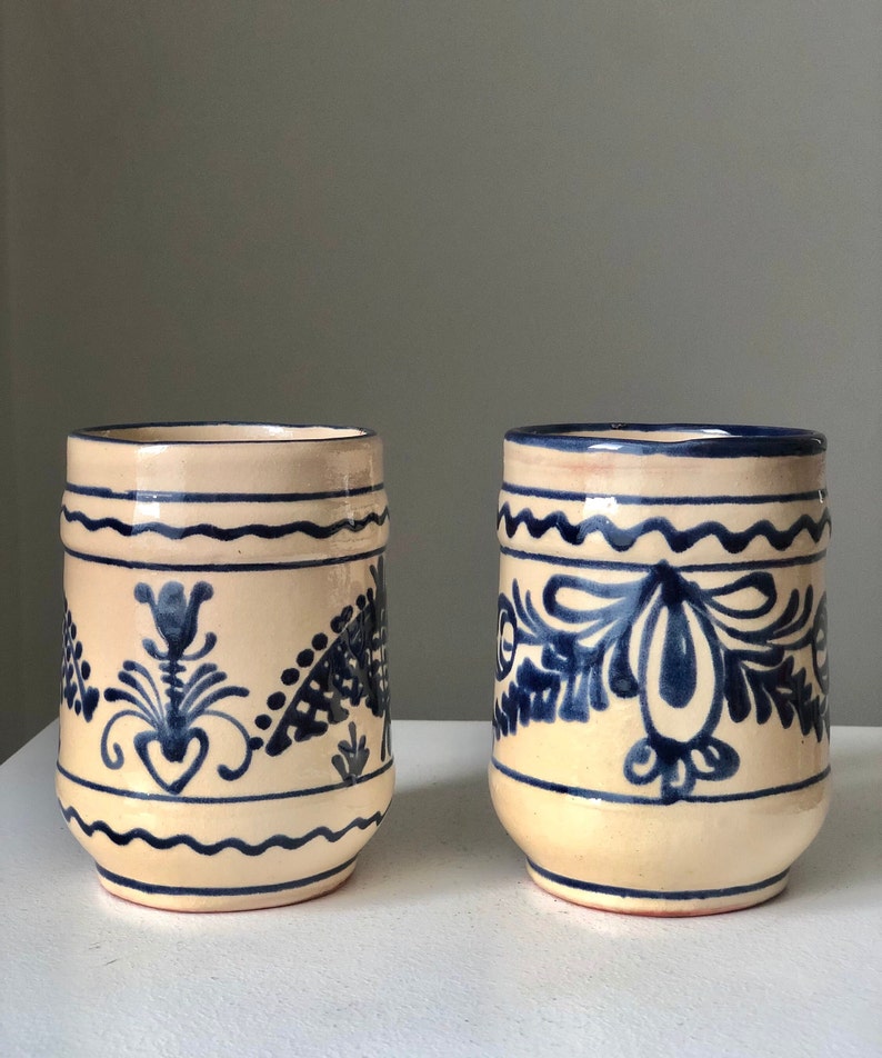 Rustic Hand Painted Blue White Folk Art Mugs, Mid Century Blue Floral ...