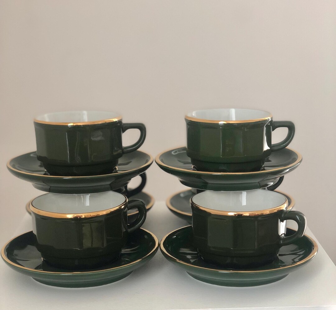 13-piece Vintage Apilco Green Gold Tea Cups and Saucers, Bistro Ware ...