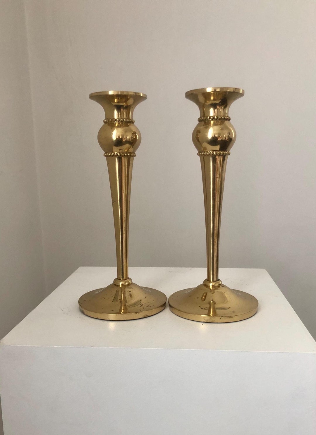 Vintage Elegant Large Tall Pair Brass Candlesticks Round Base, Vintage ...