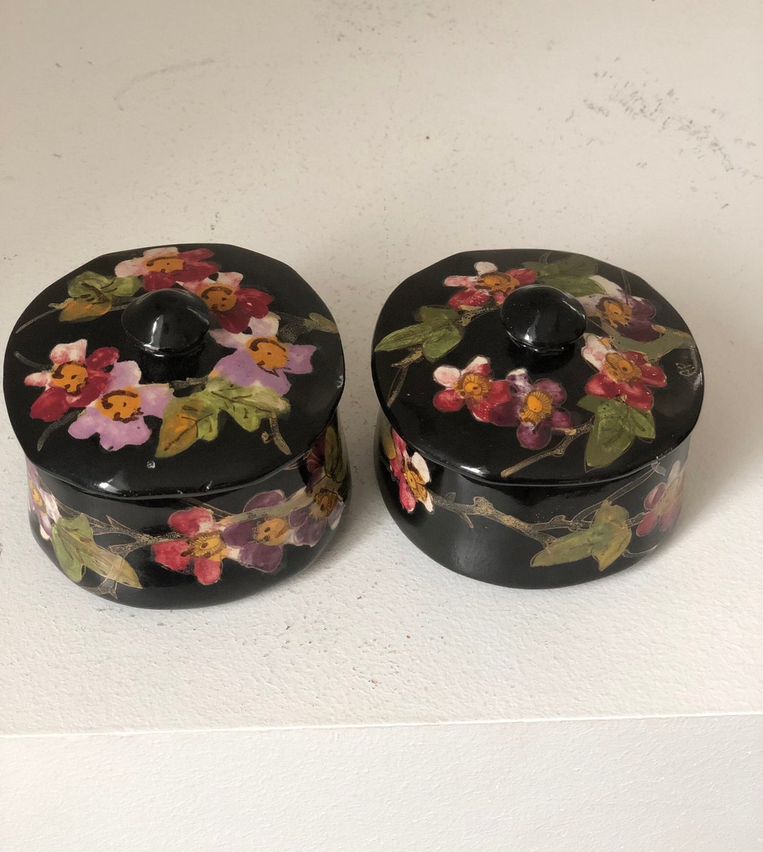 Vintage Black Ceramic Trinket Boxes: Hand-painted Floral Design, Set of ...