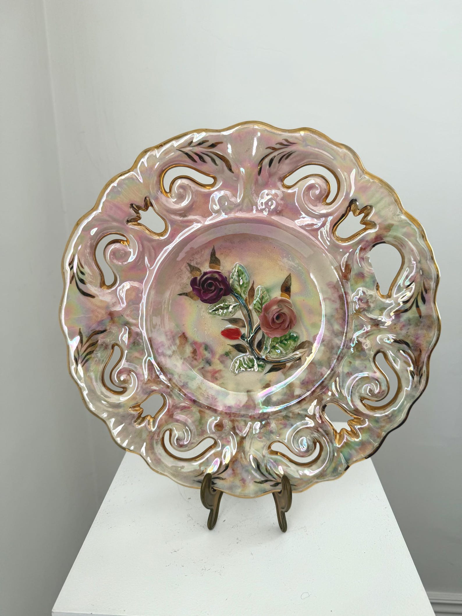 Mid Century Hubert Bequet Pink Floral Majolica Wall Plate, Belgian ...