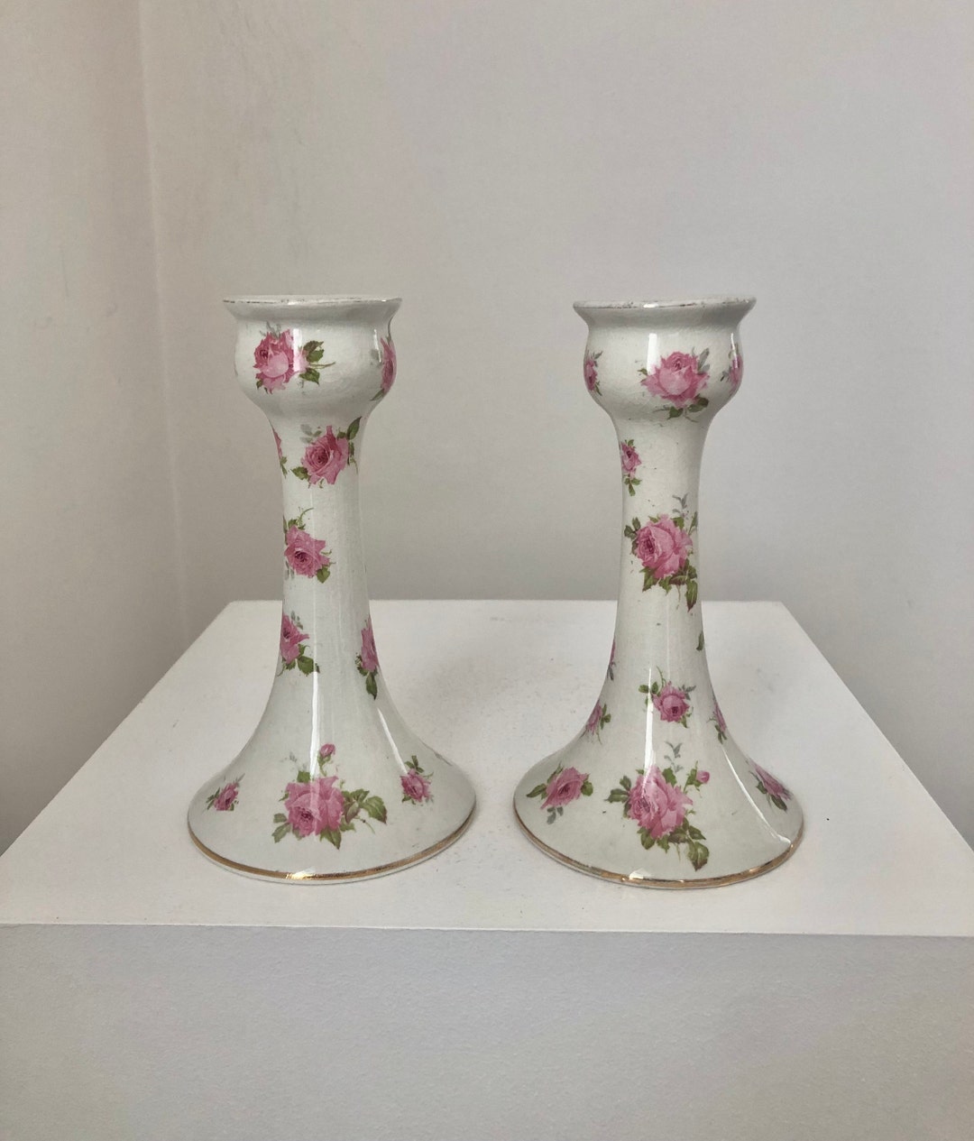 Pair Antique Tall Pink Floral Ceramic Candlesticks, Vintage Rose ...