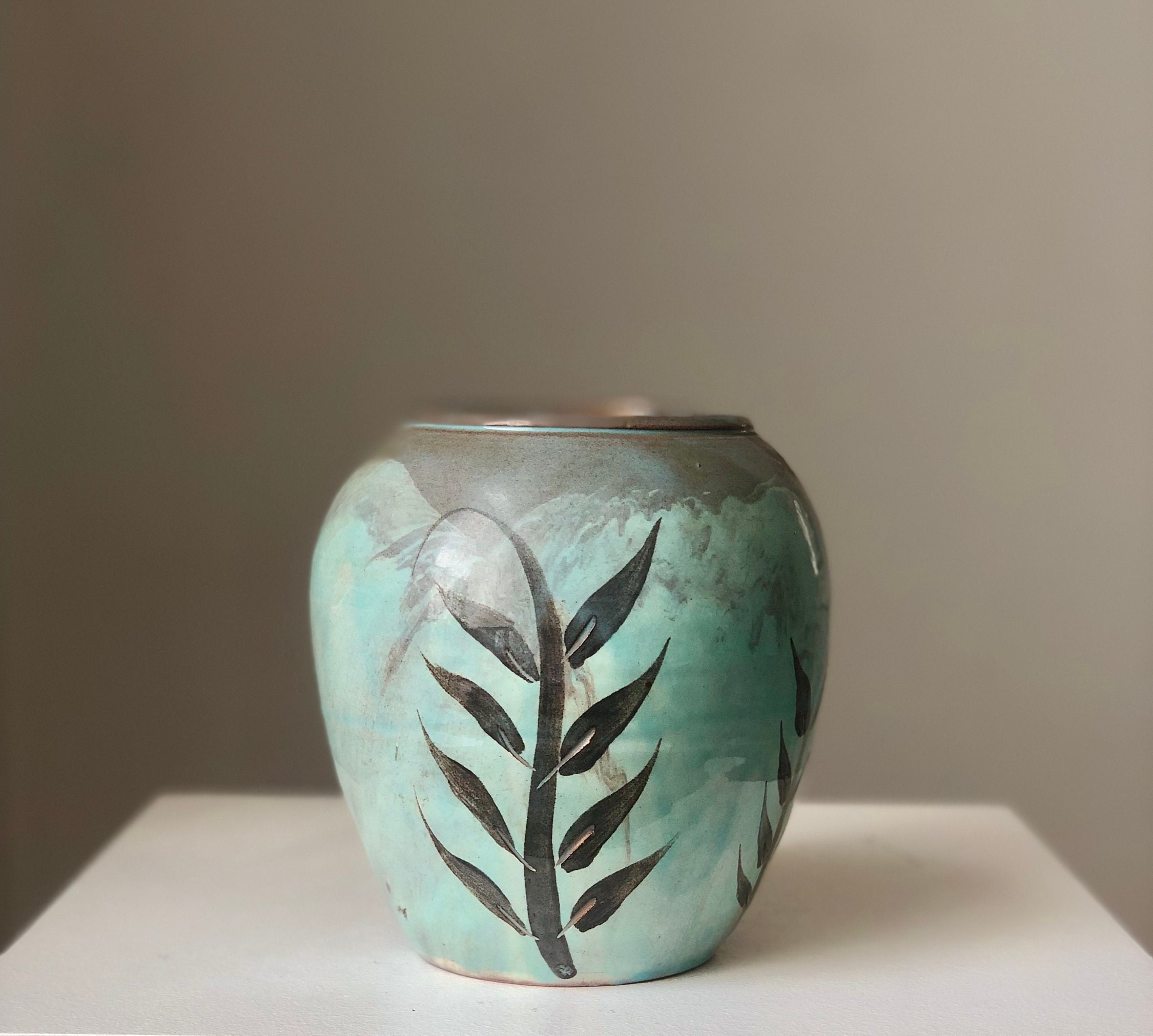 Vintage Studio Pottery Green Leaf Ceramic Vase, Hand Painted Fern ...