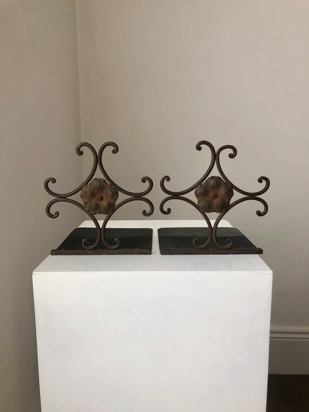 Rustic Industrial Look Metal Bookends, Vintage Ornate Floral Book ...