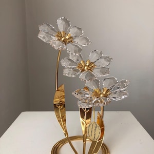 Vintage Crystal Glass Flower Bouquet, 3 Stem Crystal Flowers With Gold ...