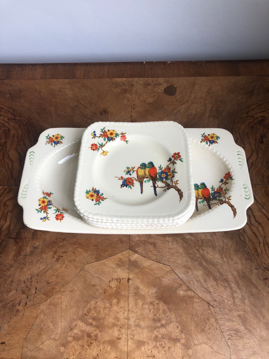 7-piece Art Deco Cream Cake Set With Parrots and Flowers, Royal ...