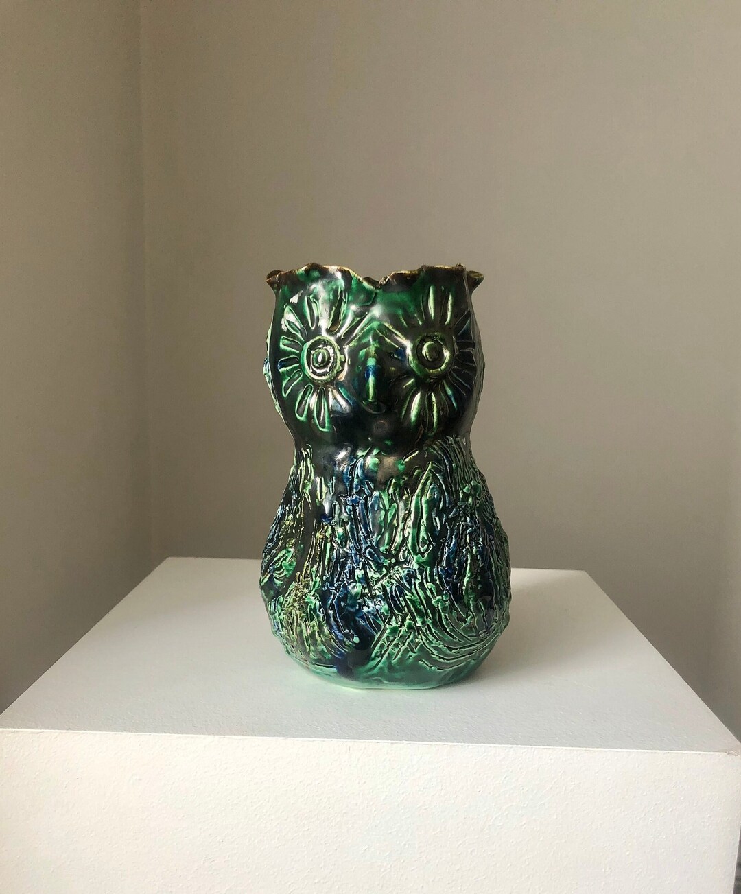 Vintage Studio Pottery Green Ceramic Owl Vase, Hand Made Owl Statue ...