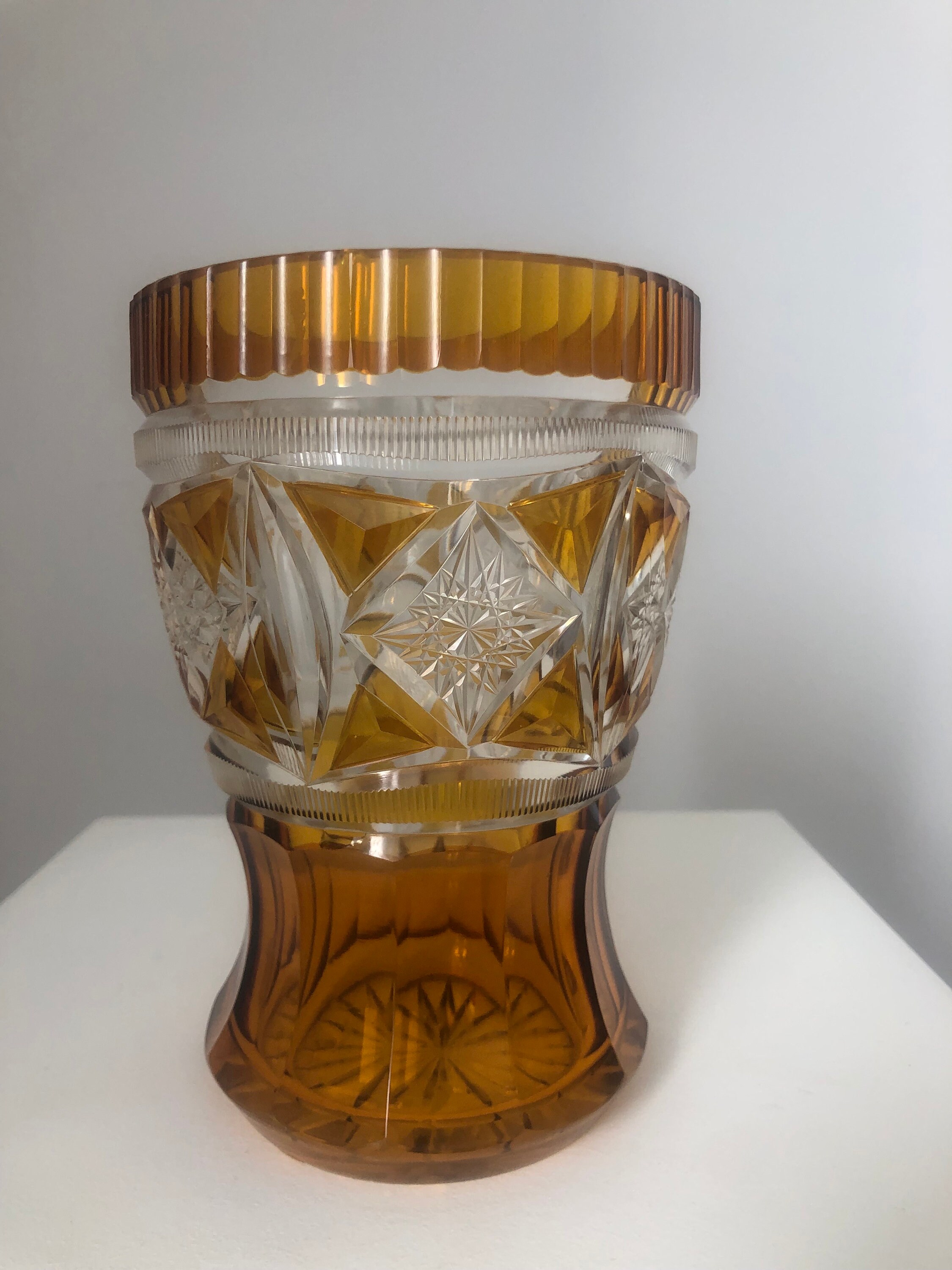 Mid Century Traditional Cut Glass Crystal Amber Glass Vase, Vintage ...