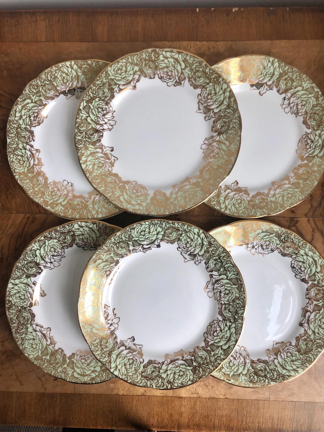 6-piece Vintage Sandwich Plates With Green Gold Floral Border, Elegant ...