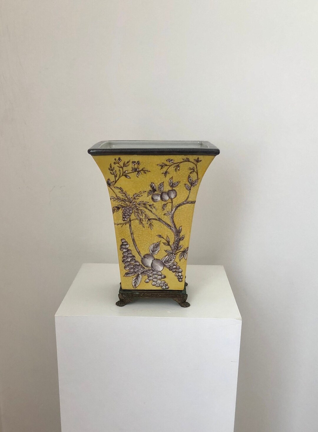 Vintage Chinoiserie Tall Yellow Ceramic Planter, Oriental Wong Lee Hand ...