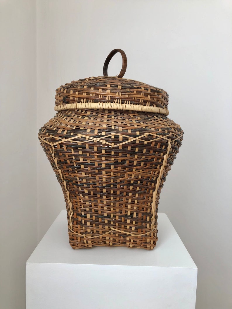 Vintage Asian Wicker Storage Baskets With Lid Decorative - Etsy