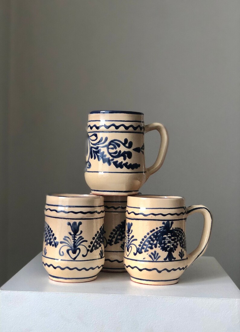 Rustic Hand Painted Blue White Folk Art Mugs, Mid Century Blue Floral ...