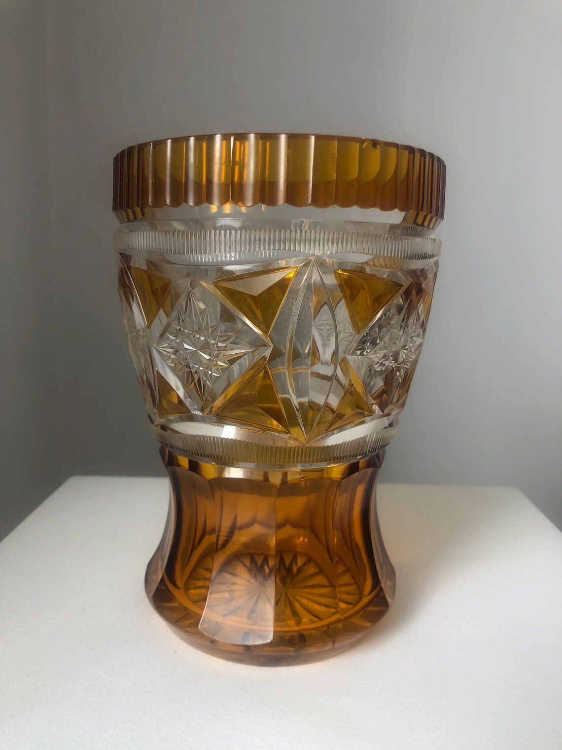 Mid Century Traditional Cut Glass Crystal Amber Glass Vase, Vintage ...