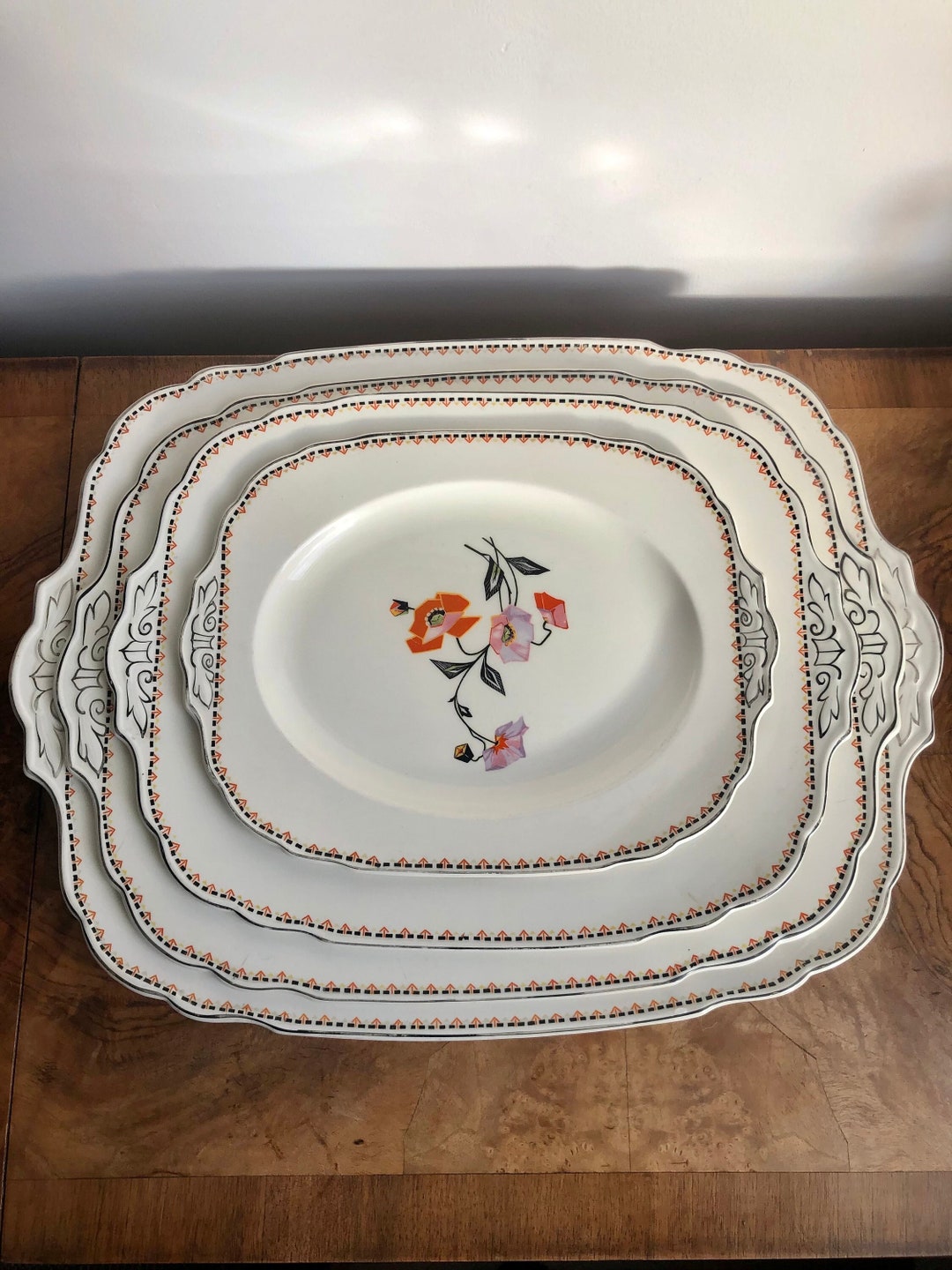 4-piece Art Deco Extra Large Rectangular Orange Floral Serving Platters ...