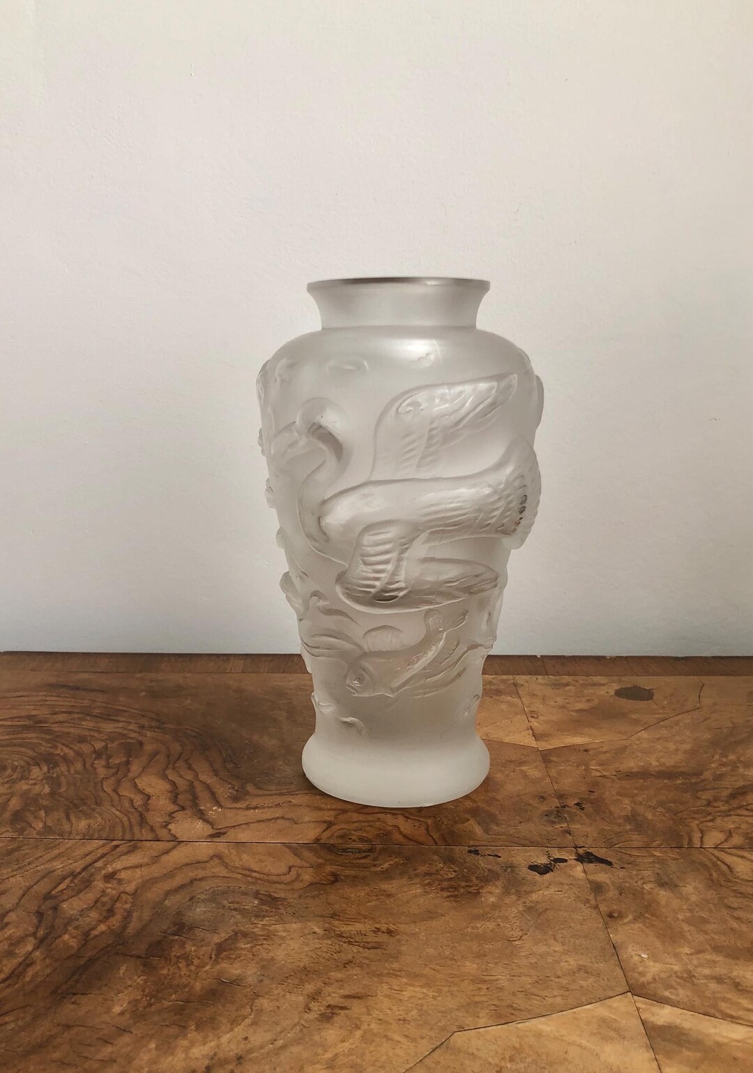Art Deco Frosted Glass Vase With Embossed Flying Birds, Vintage Czech ...