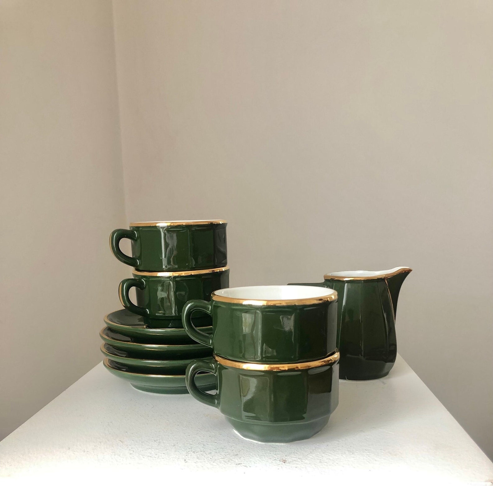 9-piece Vintage Apilco Green Gold Tea Cups and Saucers, Bistro Ware ...