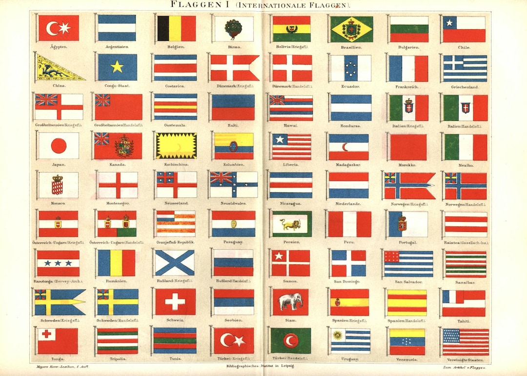 1897 Antique Print = FLAGS of the WORLD = Original CHROMOLITHOGRAPHY - Etsy