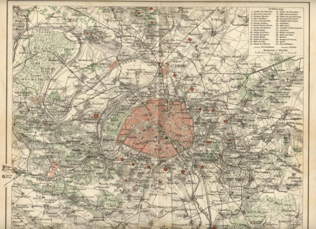 1898 Ancient Map PARIS and Surroundings Paris Topographic Map Old Map ...
