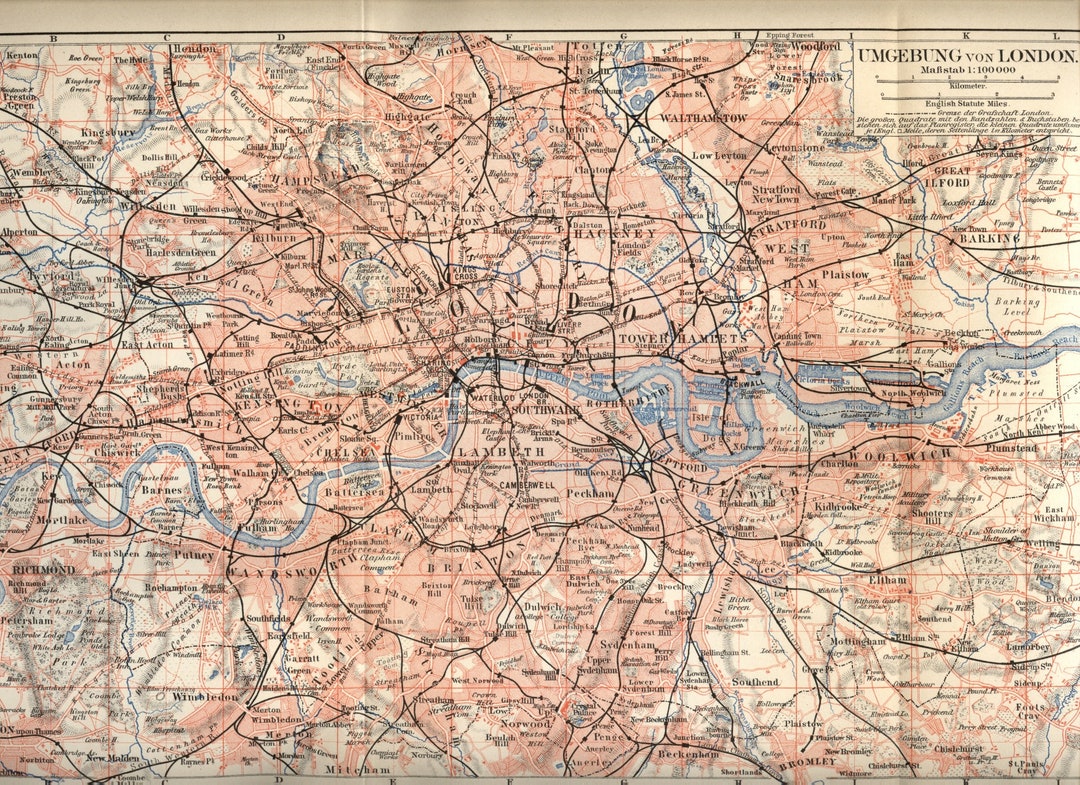 1898 Antique Map = GREAT LONDON England = Topographical Map = Old Map ...
