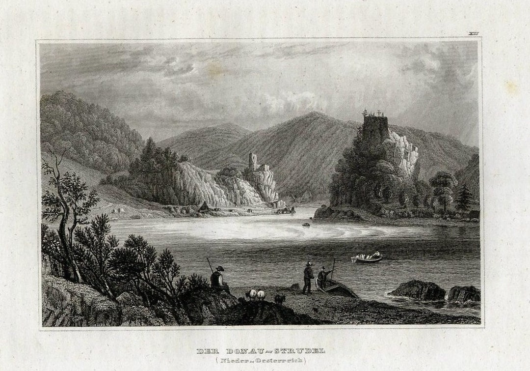 1860 Antique Print = Austria DONAU STRUDEL = Old Engraving = MEYERS ...