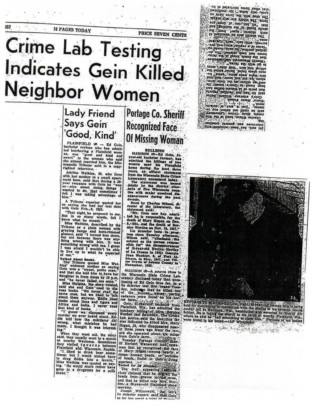Ed Gein 8x10 Photo + Archival Collection — Newspaper Clippings, Letter ...