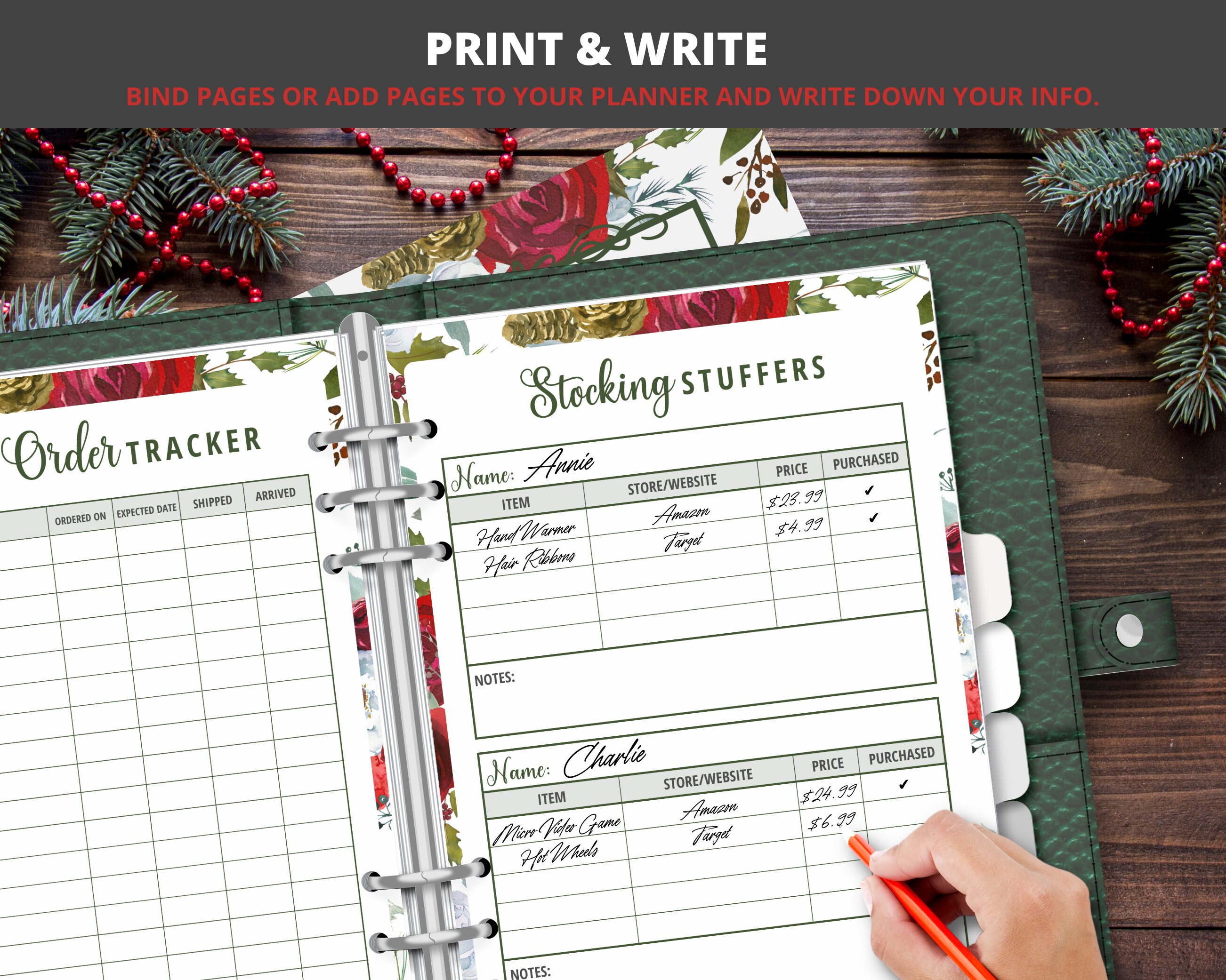 Christmas Planner With Beautiful Holiday Flowers and Green Plaid Design ...
