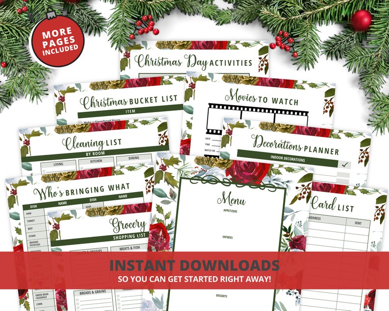 Christmas Planner With Beautiful Holiday Flowers and Green Plaid Design ...