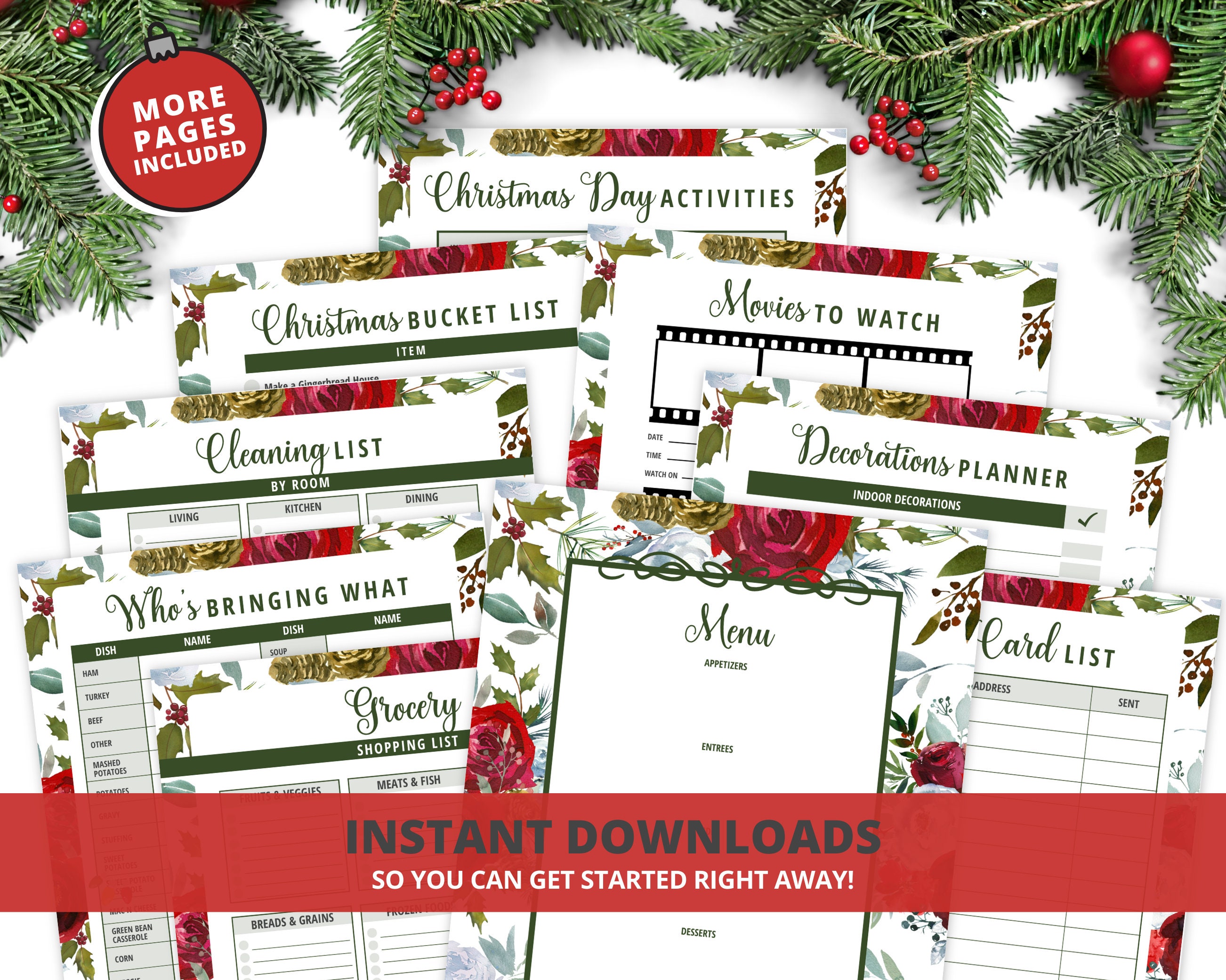 Christmas Planner With Beautiful Holiday Flowers and Green Plaid Design ...