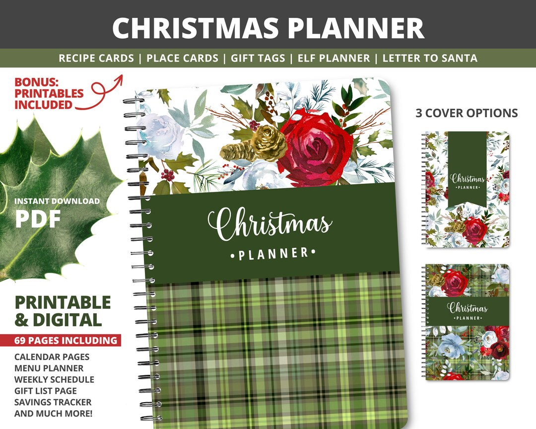 Christmas Planner With Beautiful Holiday Flowers and Green Plaid Design ...