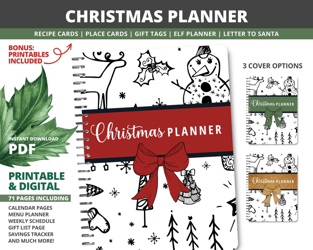 Christmas Planner Cover With a Cute Holiday Doodles in Black and White ...
