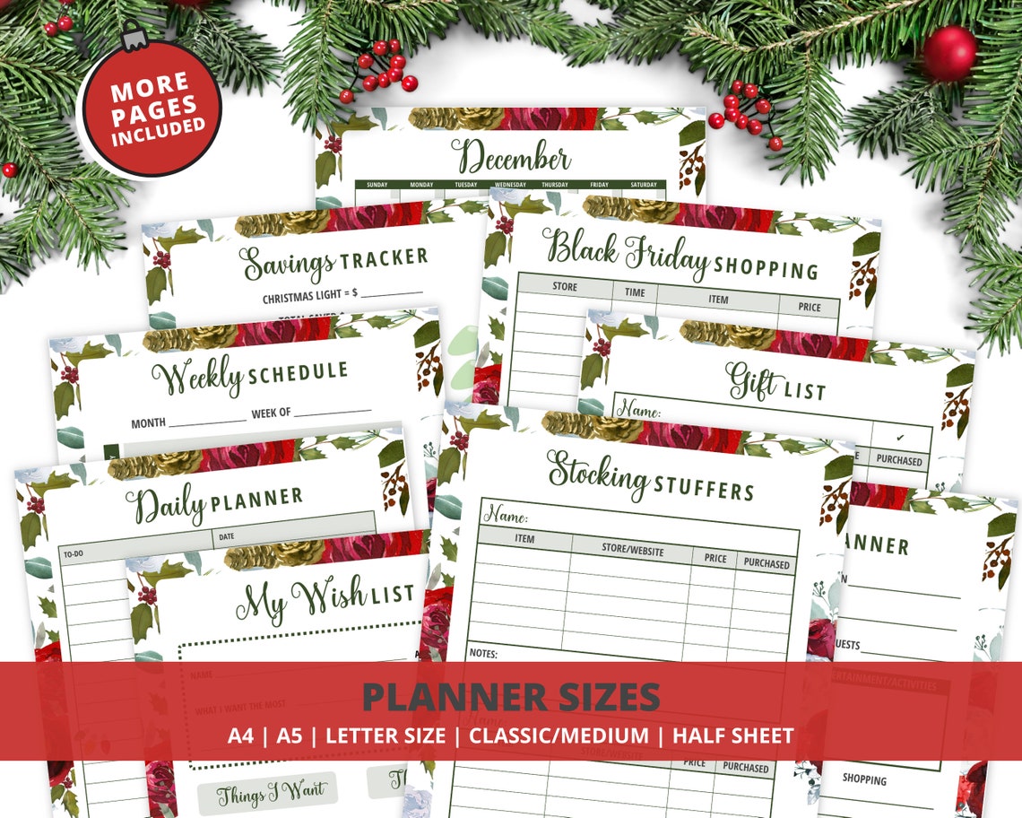Christmas Planner With Beautiful Holiday Flowers and Green Plaid Design ...