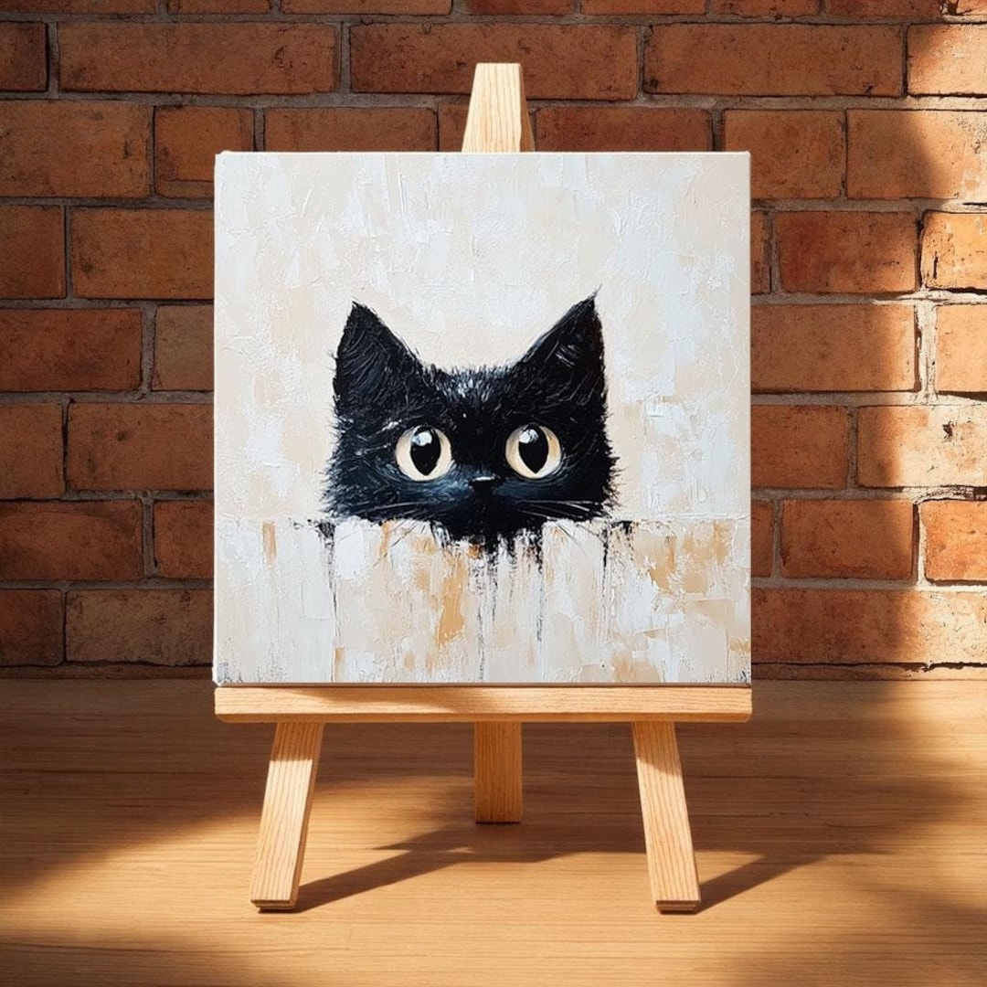 Funny Cat, Abstract Black Canvas, Cute Cat Handmade Original, Painting ...