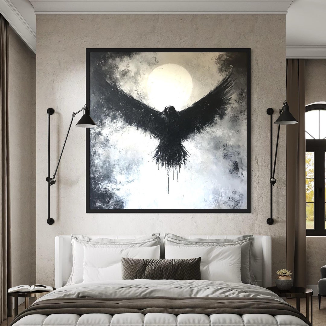 Handcrafted Abstract Canvas Raven Painting - Mystical Bird Home Decor ...