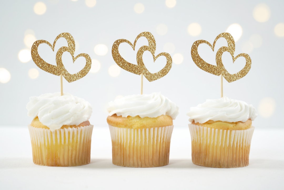 Double Heart Cupcake Topper | Gold Glitter Cake Topper | Wedding Cake ...