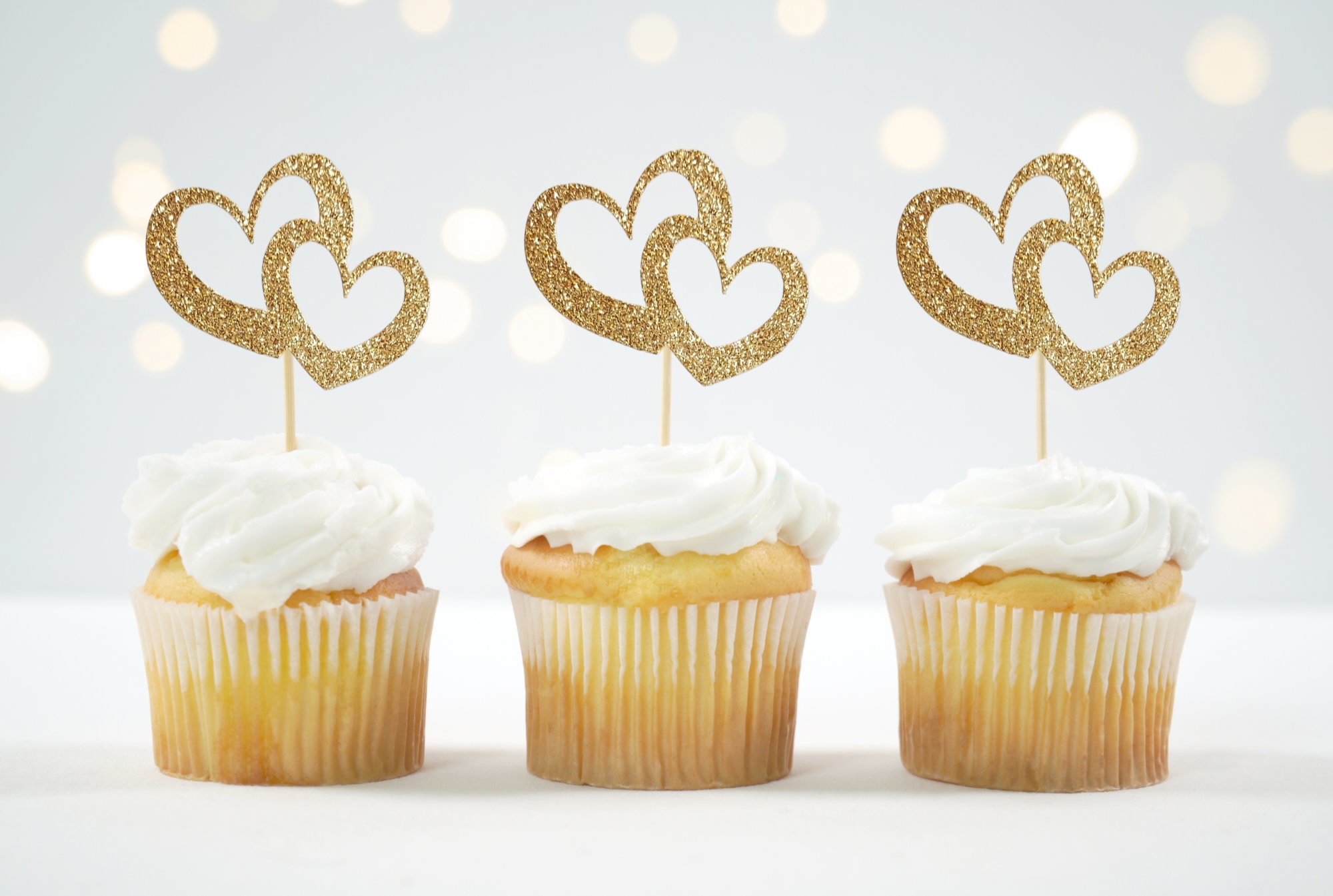 Double Heart Cupcake Topper Gold Glitter Cake Topper Wedding Cake ...