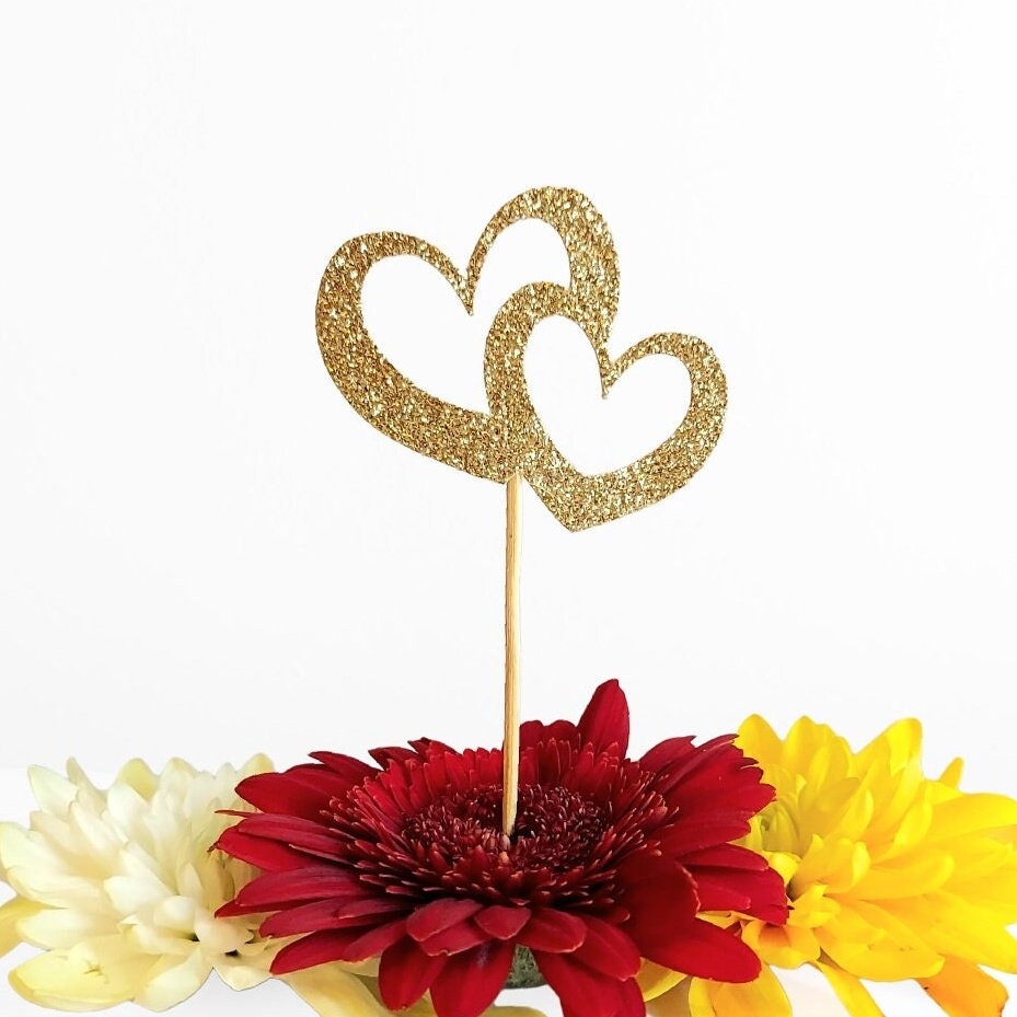 Double Heart Cupcake Topper Gold Glitter Cake Topper Wedding Cake ...