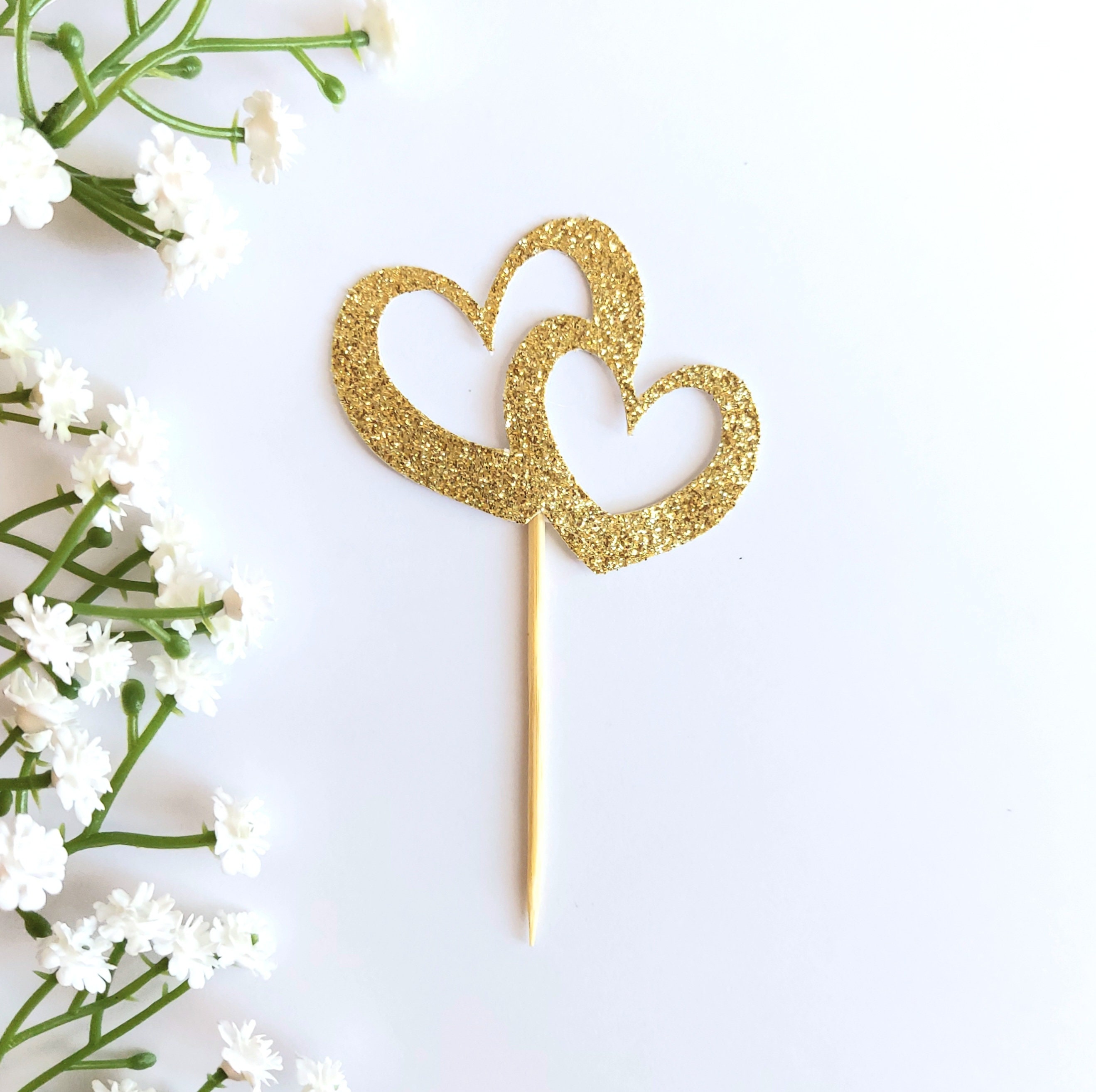 Double Heart Cupcake Topper Gold Glitter Cake Topper Wedding Cake ...