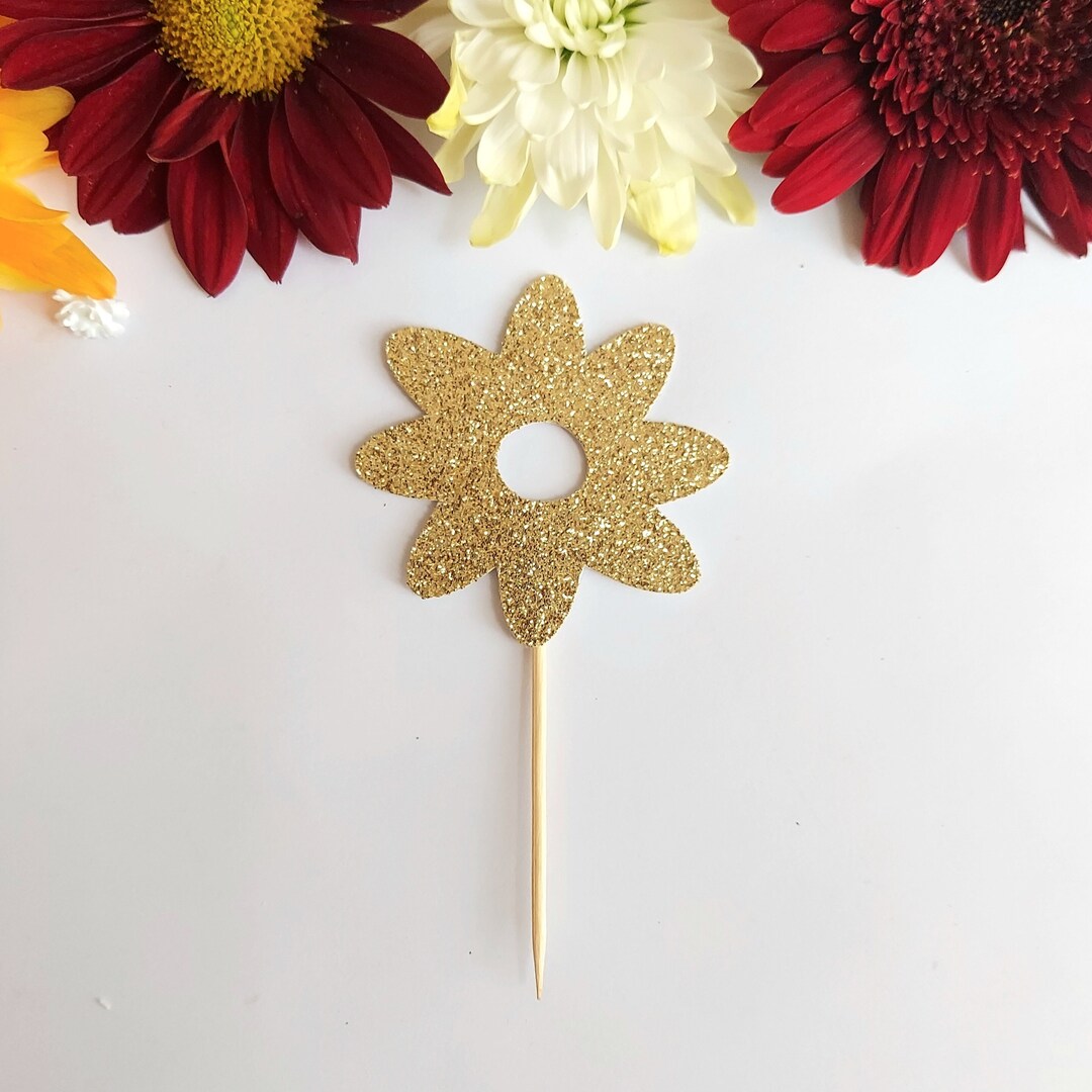 Flower Cupcake Topper Gold Glitter Cake Topper Birthday - Etsy