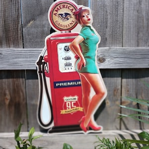 American Gasoline Pin up Girl Gas Pump Shaped Embossed Metal Sign Pinup ...