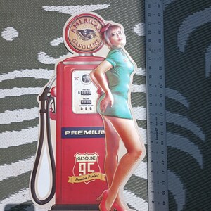 American Gasoline Pin up Girl Gas Pump Shaped Embossed Metal Sign Pinup ...