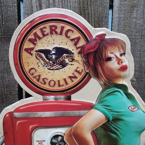 American Gasoline Pin up Girl Gas Pump Shaped Embossed Metal Sign Pinup ...