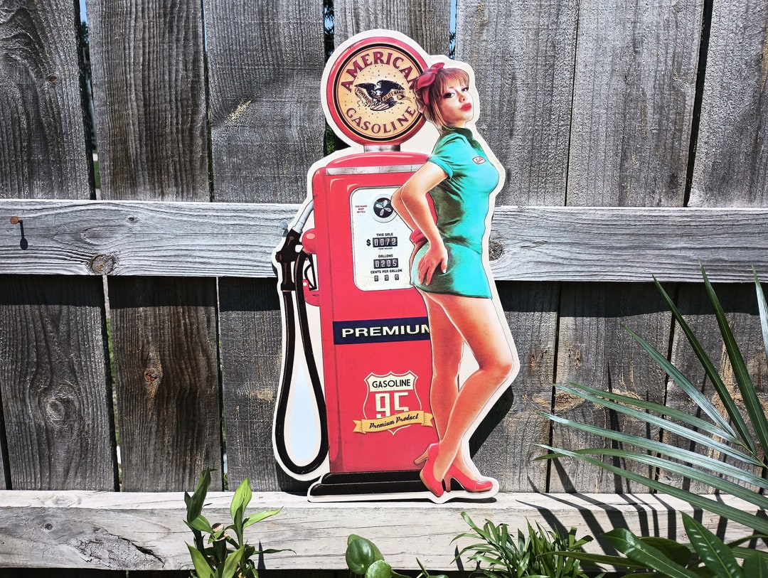 American Gasoline Pin up Girl Gas Pump Shaped Embossed Metal Sign Pinup ...