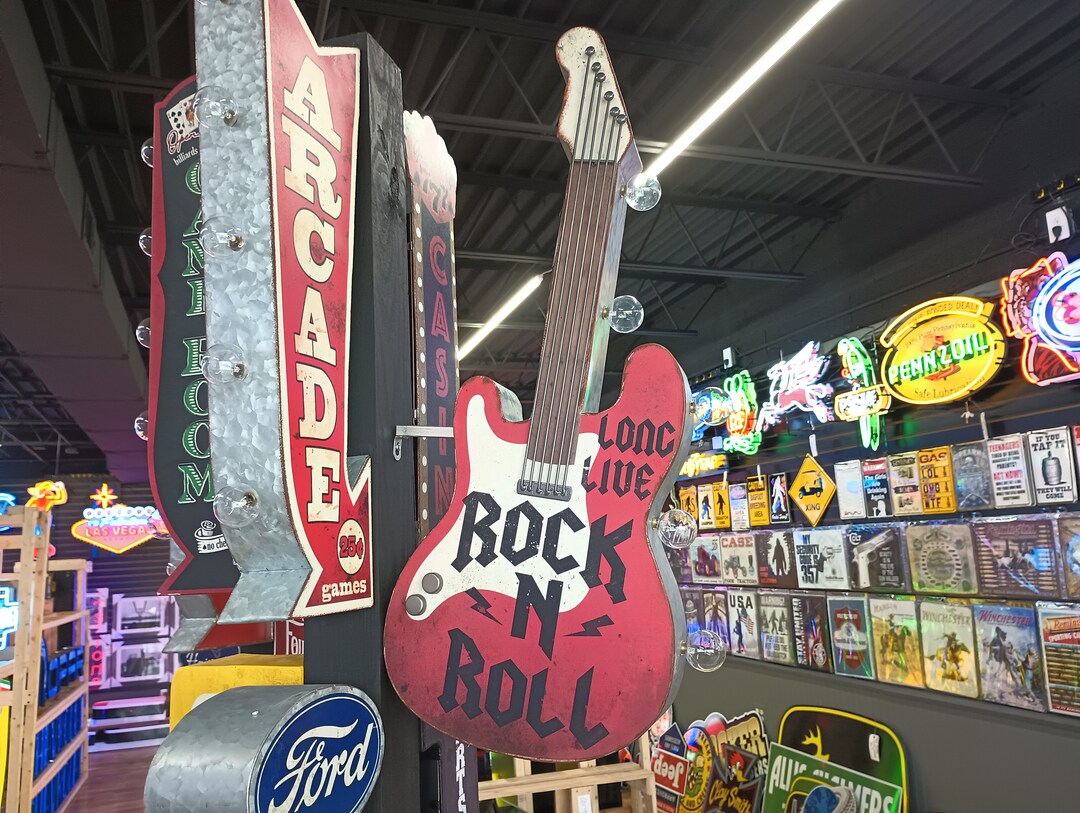 Long Live Rock N Roll Guitar Sign LED Light up Double Sided Garage Wall ...