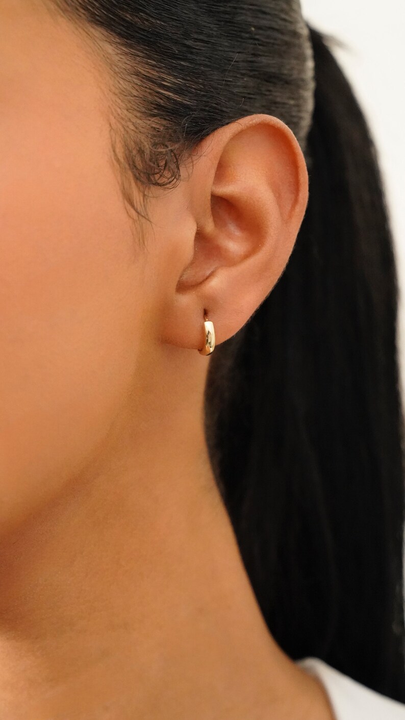 14K Gold Plain Huggies, Solid Gold Mini Hoops, Dainty Huggie Earrings, Lightweight Huggies ...