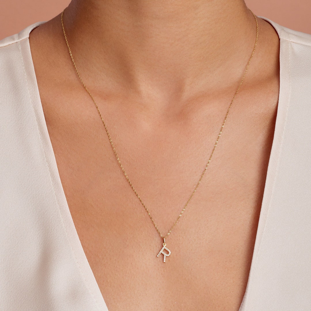 14K Solid Gold Initial Jewelry Diamond Letter Pendant - Etsy