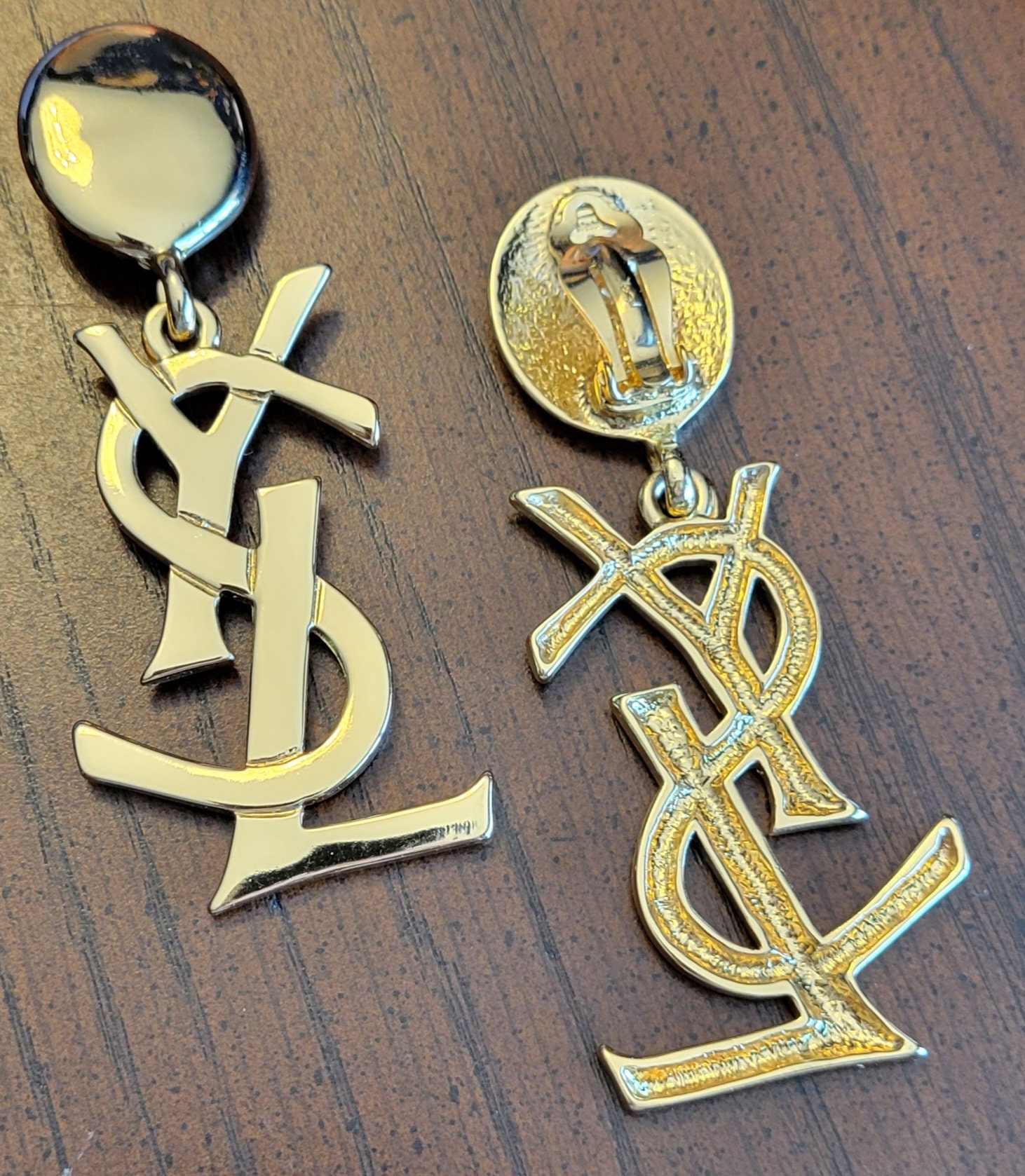 YSL Logo Dangle Earrings Metal Gold-color Finish Pre-owned - Etsy