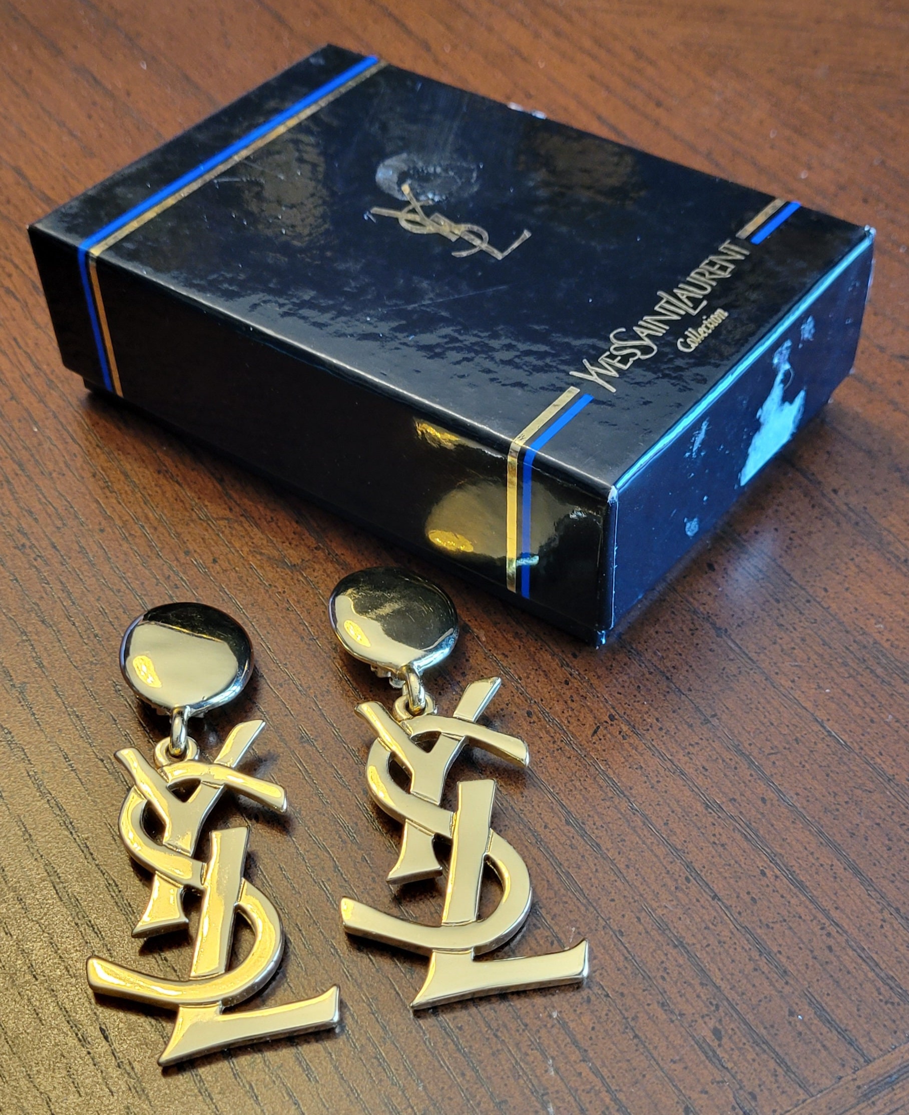 YSL Logo Dangle Earrings Metal Gold-color Finish Pre-owned - Etsy