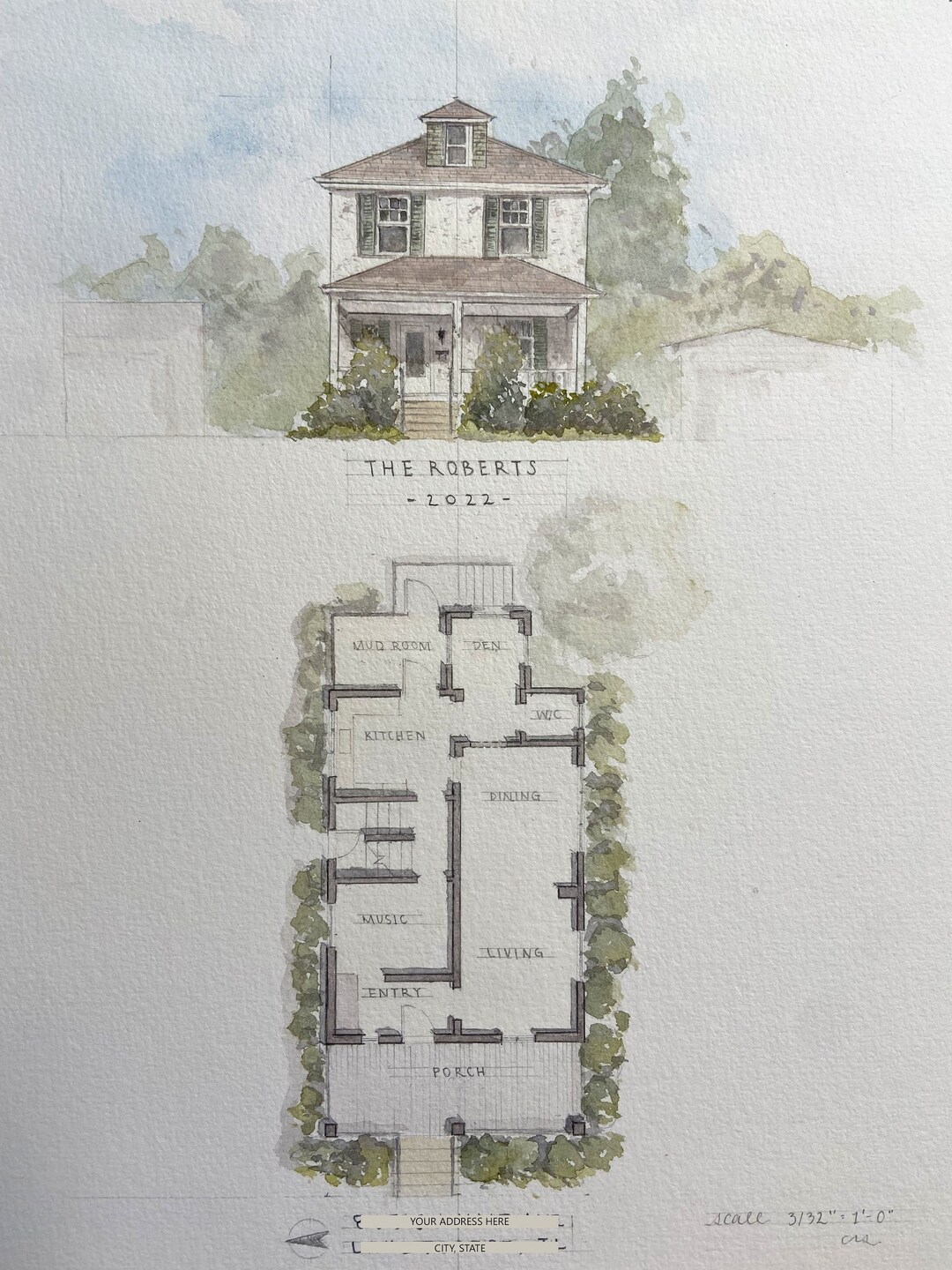 Custom Architectural Watercolor Portrait Elevation Floorplan or Site ...